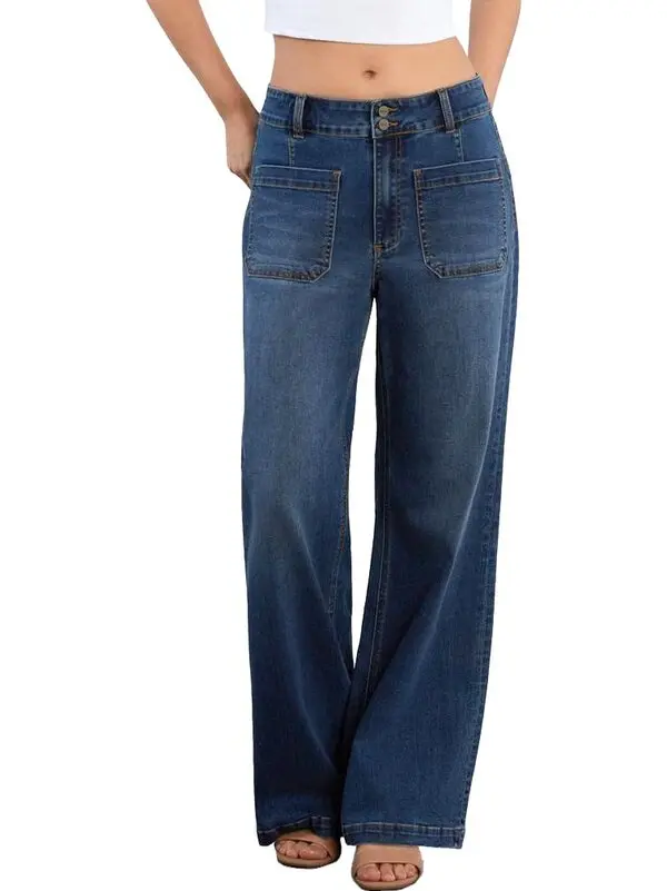 HINT OF BLU Patch Pocket Wide Leg Jeans - Denim Patch