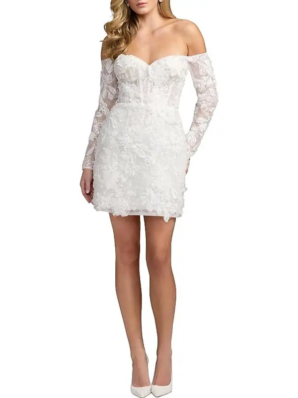 Mac Duggal Lace Off The Shoulder Long Sleeve Mini Dress - Ivory
