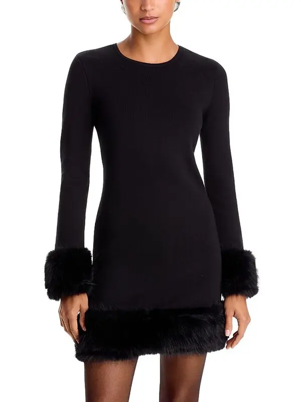 Aqua Faux Fur Trim Knit Mini Dress Exclusive - Black
