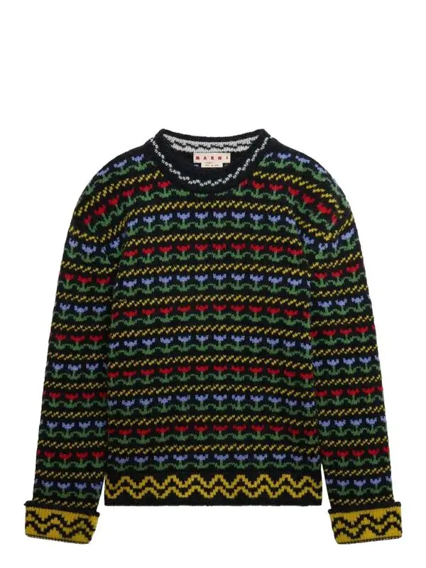 Marni Black Shetland Wool Sweater With Fair Isle Pattern - Multi