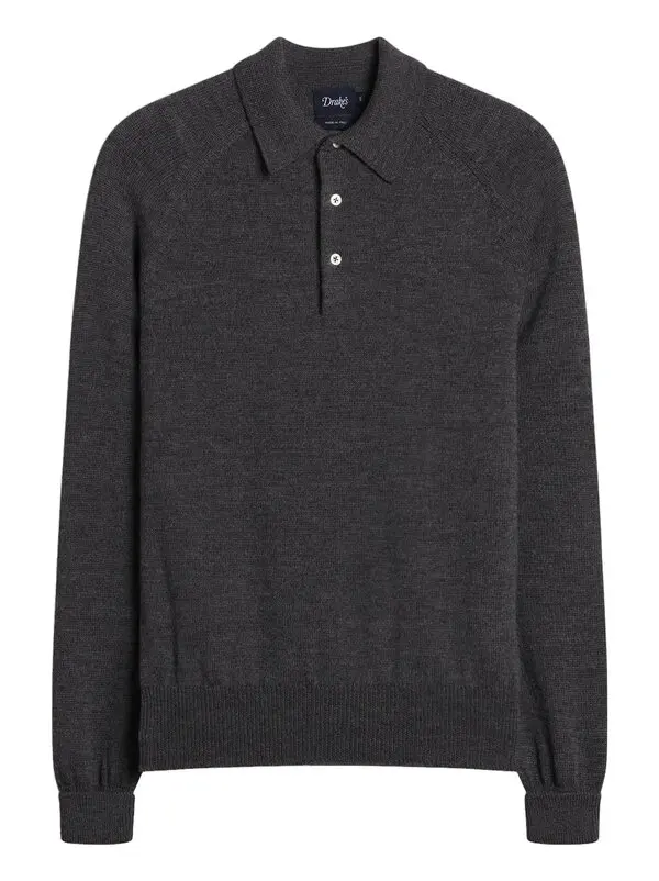 DRAKE'S Long Sleeve Merino Wool Knitted Polo - Grey