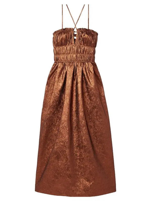 Ulla Johnson Seraphina Shirred Metallic Crinkled-taffeta Midi Dress - Brown