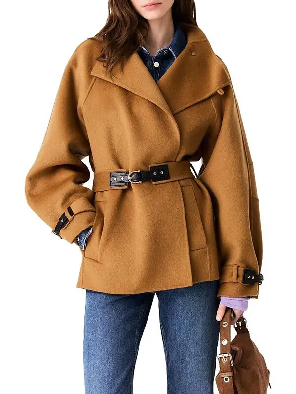 Maje Wool Blend Belted Coat - Camel