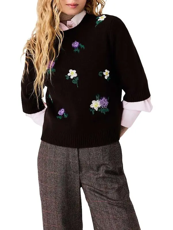 Maje Floral Embroidered Wool Blend Sweater - Brown
