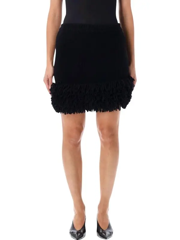 Loewe Mini Wool Blend Skirt With Fringe Hem - Nero