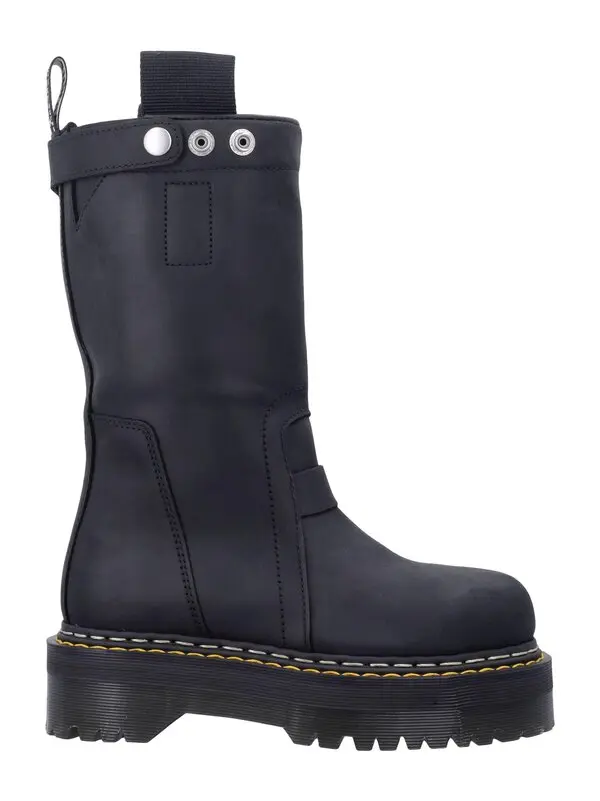DR. MARTENS X RICK OWENS Leather Pull-on Platform Boots With Extended Shaft, Quad Sole & Utility Strap - Nero