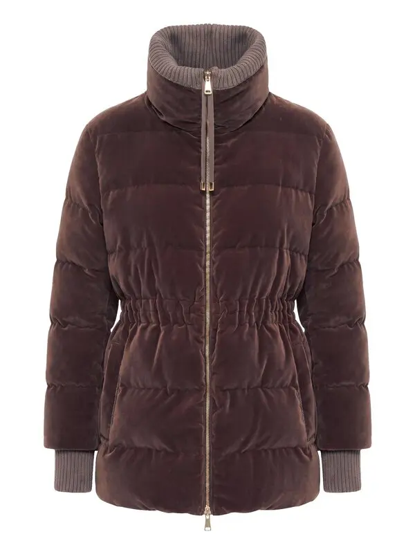Fabiana Filippi Velvet Puffer Coat With High Neck And Zip Front - Corteccia