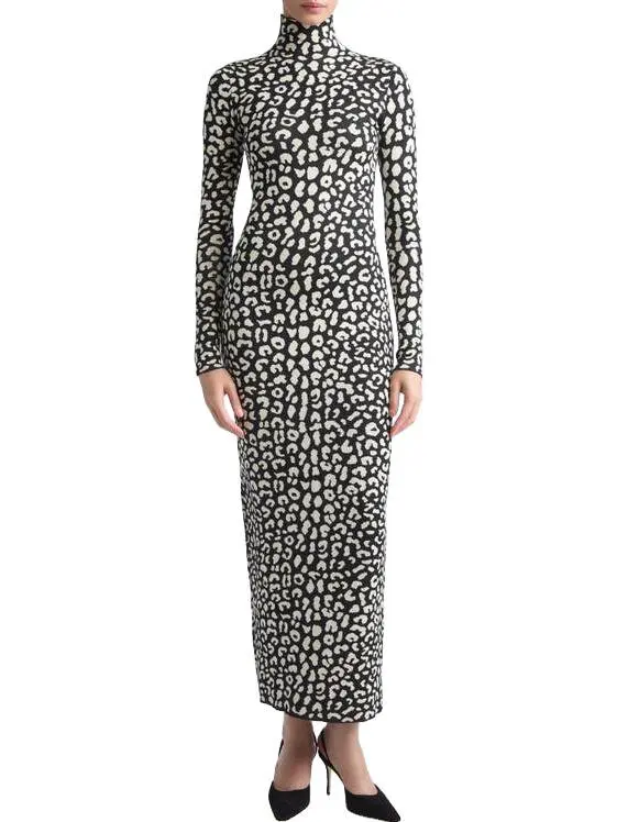 Carolina Herrera Turtleneck Tea Length Knit Dress - Black Multi