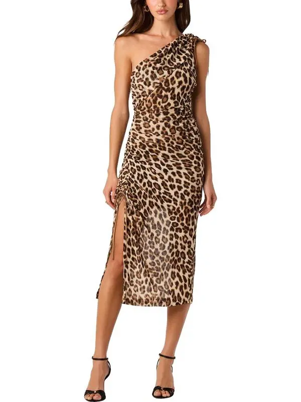 Astr The Label Esmerande Polka Dot One-shoulder Midi Dress - Leopard Print