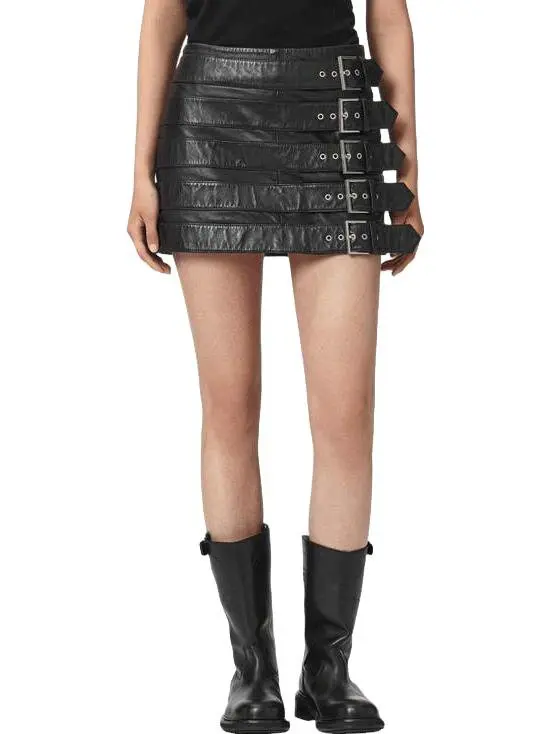 ALLSAINTS Betty Buckle Leather Miniskirt - Black