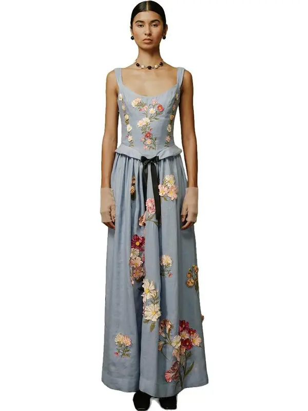 Agua Bendita Renacer Floral-applique Linen Maxi Dress - Light Blue