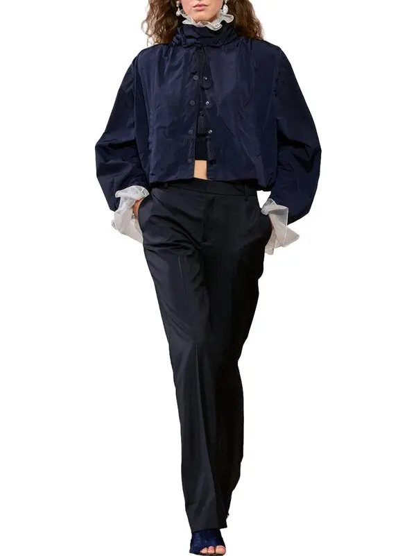 Ralph Lauren Ruffled Silk-cashmere Top - Navy