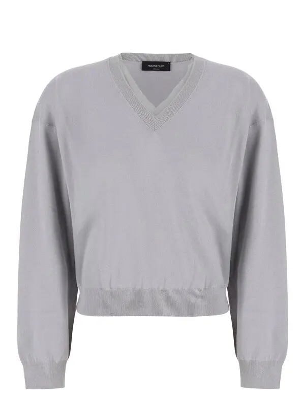Fabiana Filippi Wool-cotton V-neck Sweater With Ribbed Trim And Cuffs - Grey