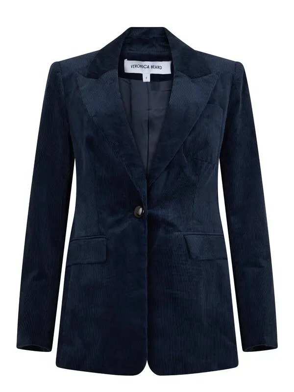 Veronica Beard Velvet Jacket With Button Front & Tailored Fit - Blue