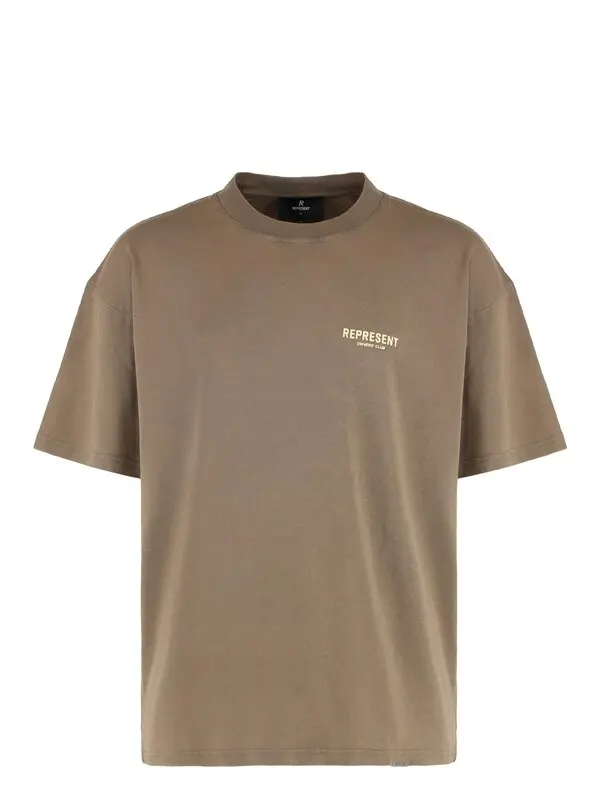 REPRESENT Crew Neck Cotton T-shirt With Front And Back Logo - Brown
