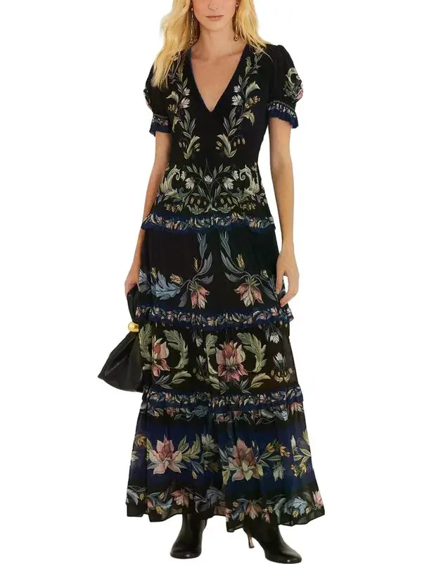 Farm Rio Natalia Floral-print Tiered Maxi Dress - Black