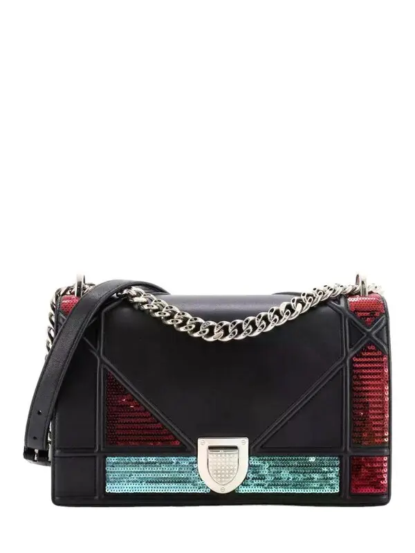 Dior Diorama Flap Bag Sequin Embellished Lambskin Medium Crossbody Bag - Black