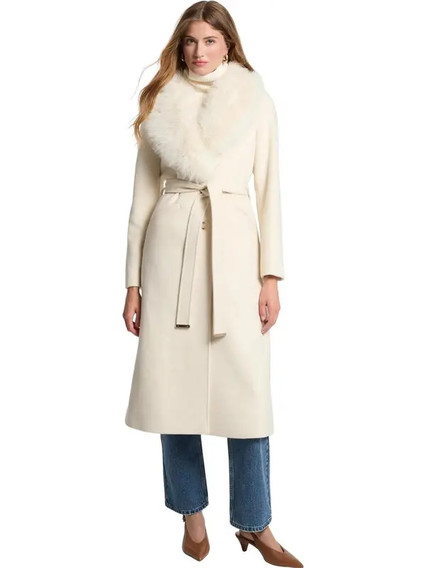 Michael Kors Faux Fur Trim Wool Blend Coat In Size By - Natural