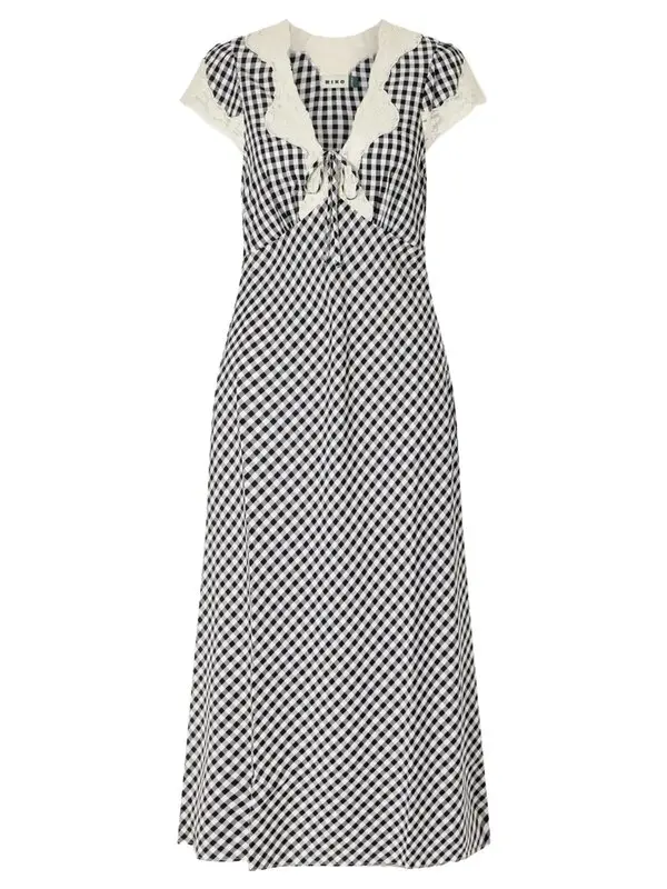 Rixo Bow-detailed Lace-trimmed Checked Woven Midi Dress - Gray