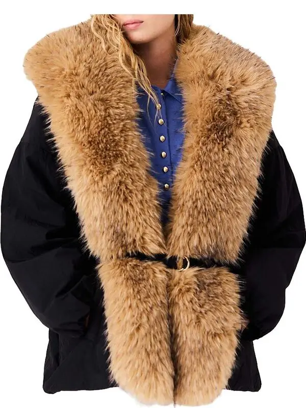 Maje Faux Fur Collar Belted Parka - Black