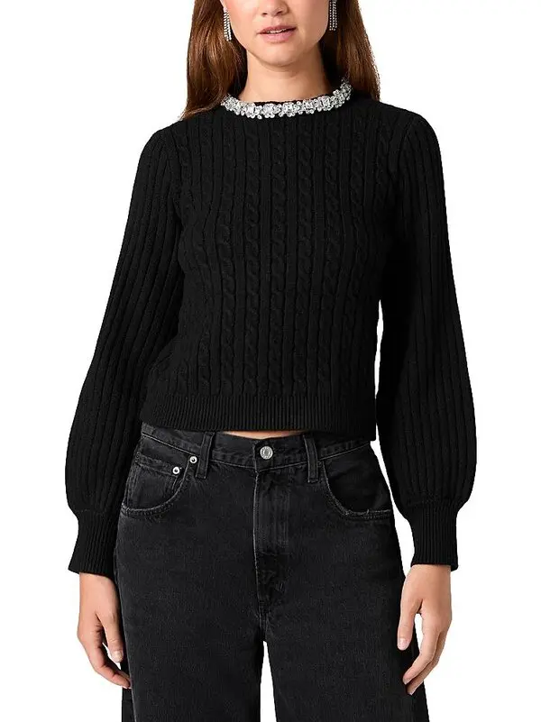 French Connection Avea Embellished Neck Cable Knit Sweater - Black