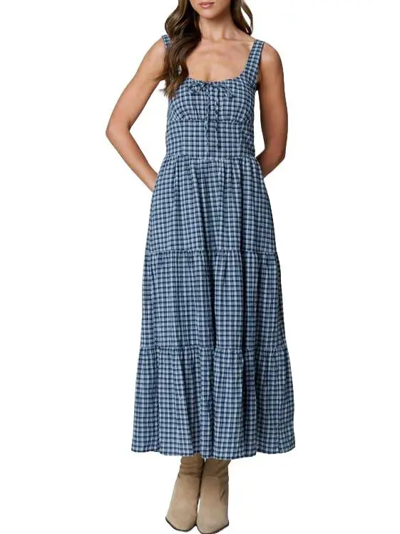 BLU PEPPER Plaid Sleeveless Tiered Midi Dress - Navy