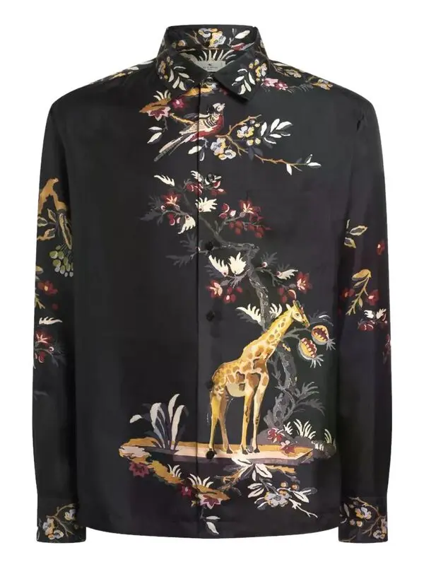 Etro Silk Twill Shirt With Placed Flower And Animal Print - Black