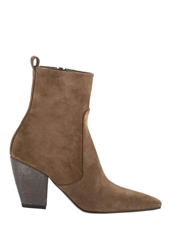 Brunello Cucinelli Suede Ankle Boots With Jewelled Heel - Multicolor