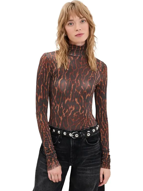 GANNI Printed Shiny Jersey Turtleneck - Rawhide