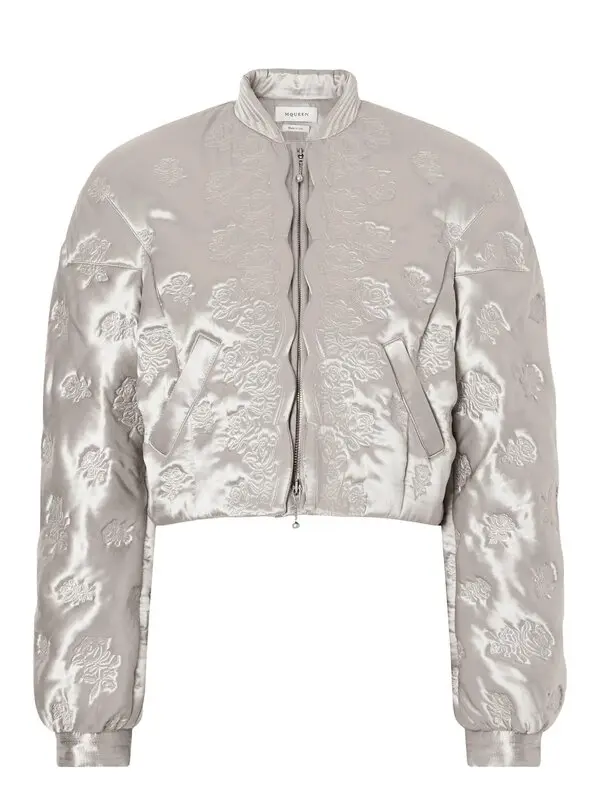 Alexander McQueen Cropped Padded Floral-embroidered Satin Jacket - Silver