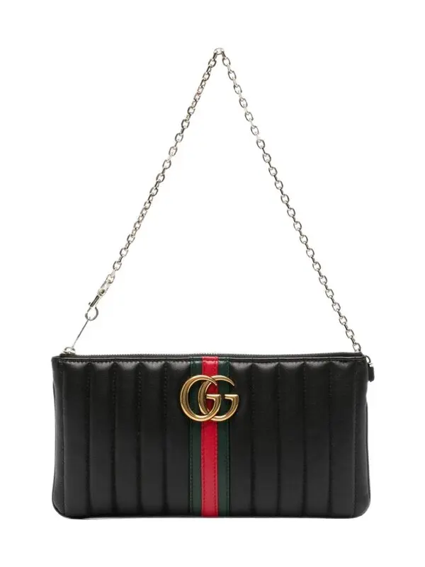 Gucci Gg Marmont Quilted Lambskin Leather Shoulder Bag With Web Stripe - Black