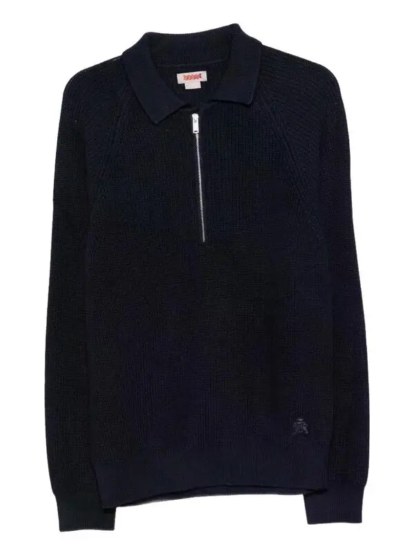 BARACUTA Ribbed-knit Quarter-zip Polo Shirt - Blue