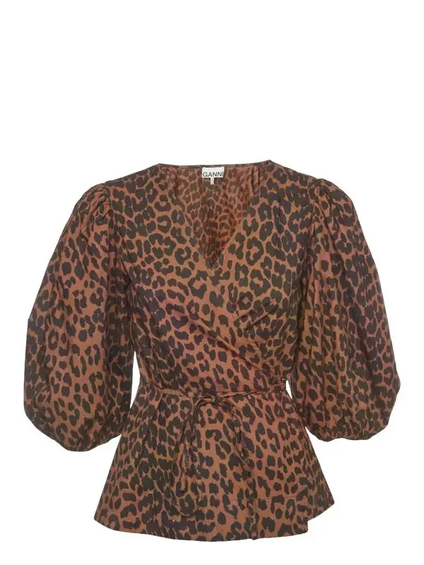 GANNI Leopard-print Wrap Top - Brown