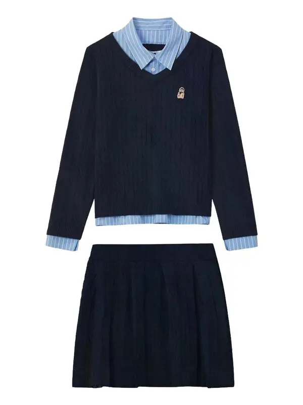 CHOCOOLATE Cable-knit Sweater And Pleated Skirt Set - Blue