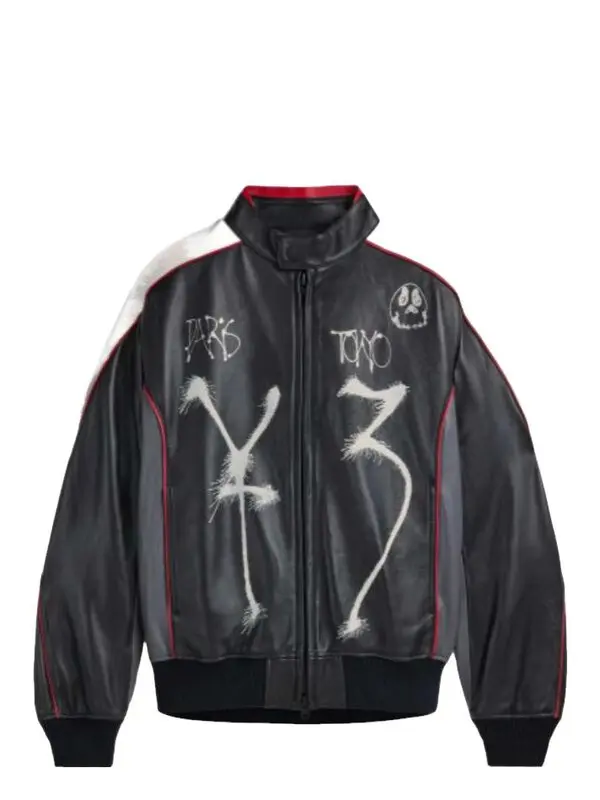 Y3 Graphic Logo Leather Jacket - Black
