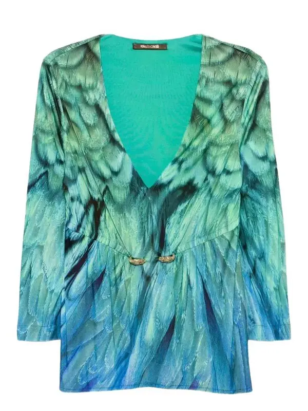 Roberto Cavalli 2000s Feather-print V-neck Top - Blue