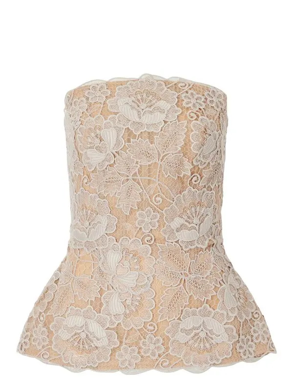 Elie Saab Scalloped Peplum Guipure Lace Bustier Top - Neutrals