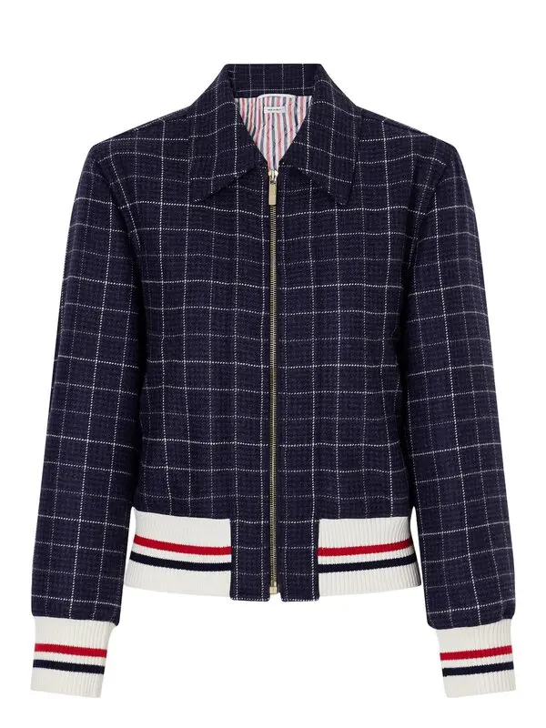 Thom Browne Cropped Padded Rib-trimmed Checked Wool-tweed Jacket - Blue