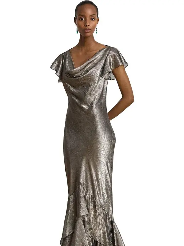 Ralph Lauren Paisley Metallic Ruffle-trim Gown - Grey Multi