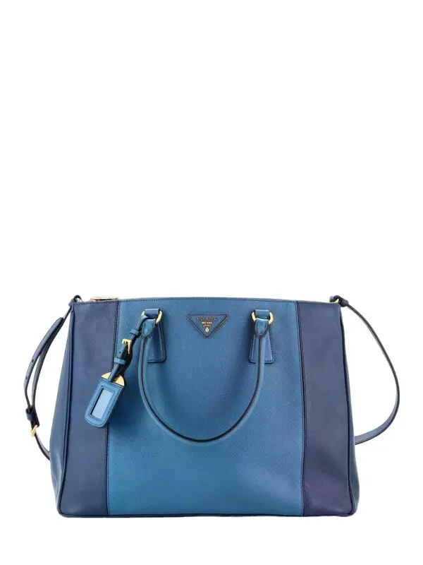 Prada Bicolor Double Zip Lux Saffiano Leather Medium Tote Bag - Blue