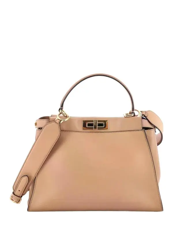 Fendi Peekaboo Iconic Bag Leather With Pequin Canvas Interior Regular Tote Bag - Neutrals