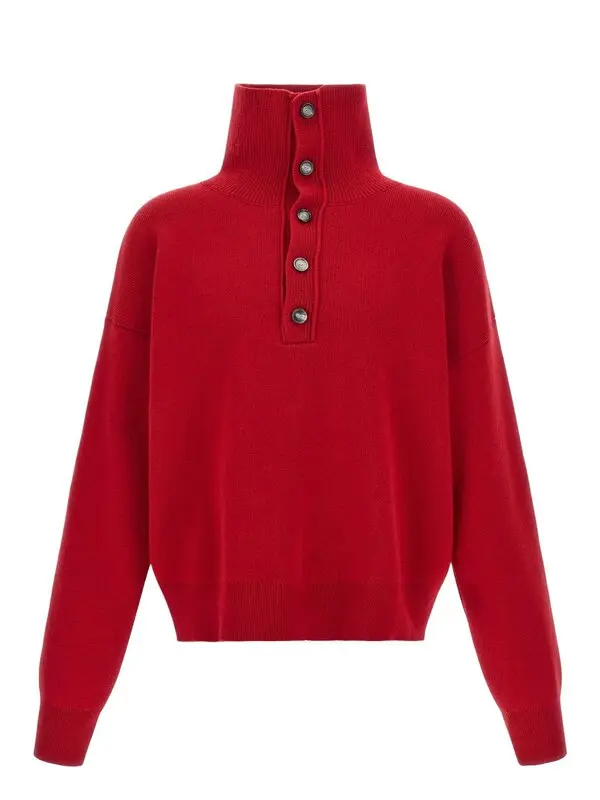 AMI Paris High Buttoned Collar Jumper - Red