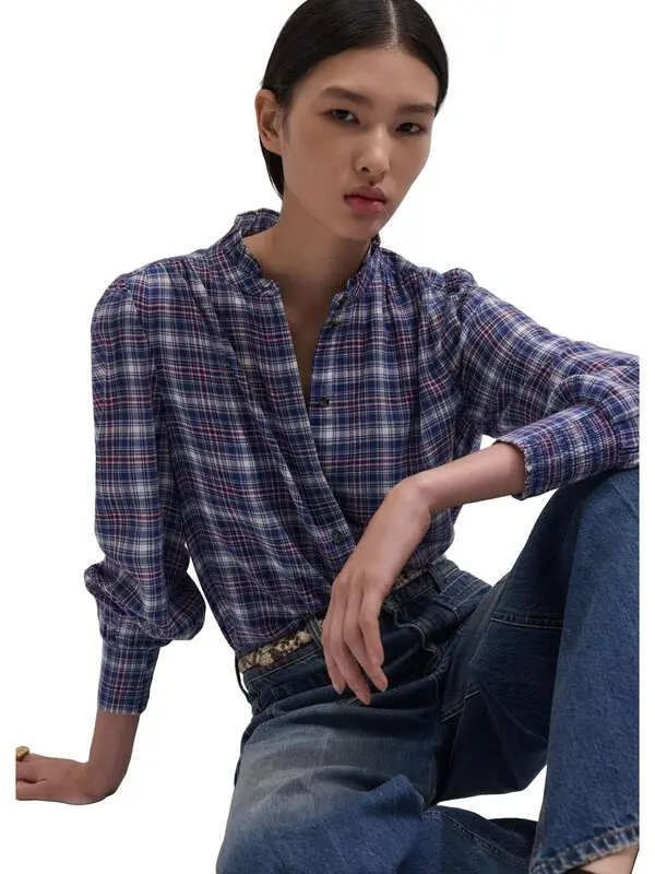 ME+EM Cotton Check Blouse - Blue Multi