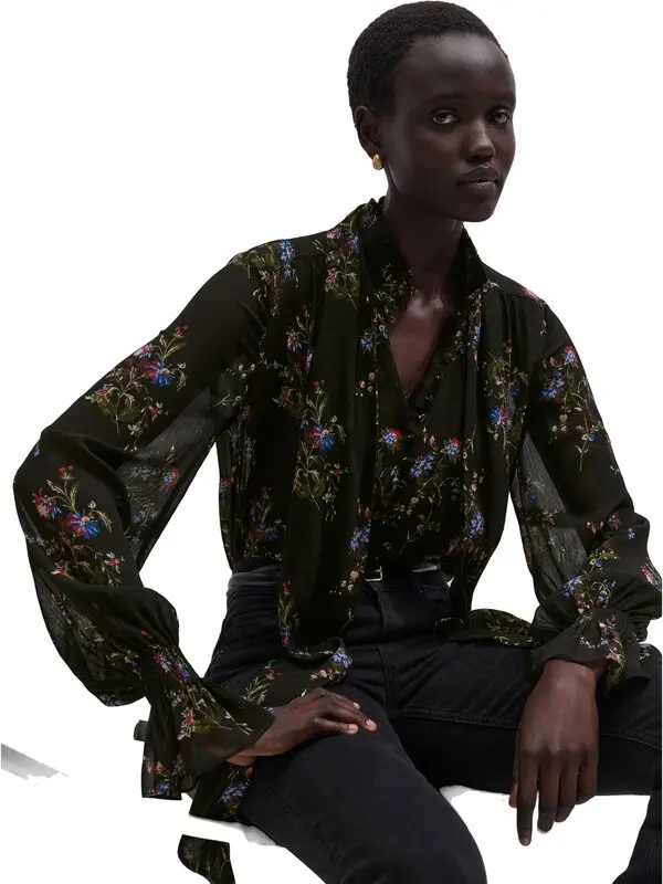 ME+EM Wild Winter Floral Print Blouse With Cami + Tie - Black Multi