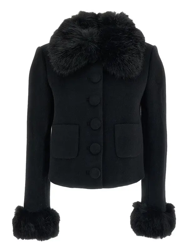 SELF-PORTRAIT Black Wool Fur Cuff Jacket - Multicolor