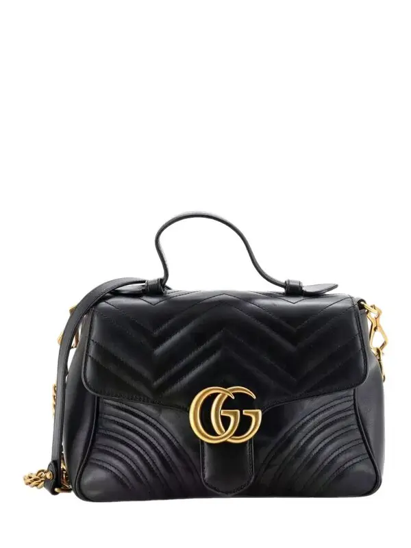 Gucci Gg Marmont Top Handle Flap Bag Matelasse Leather Small Satchel - Black