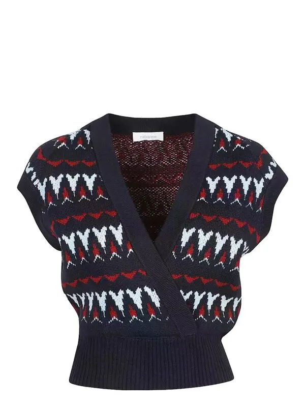 Rabanne Navy Vintage Jacquard Wool Wrap Knit Top - Blue