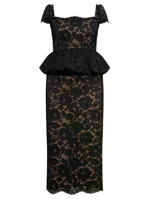 SELF-PORTRAIT Peplum-waist Lace-overlay Midi Dress - Black