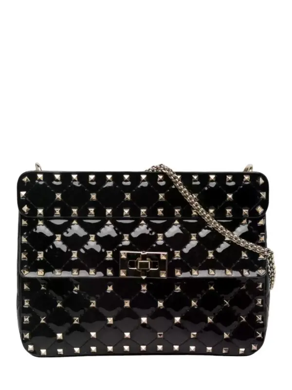 Valentino Garavani 2000-2017 Medium Patent Rockstud Spike Satchel - Black