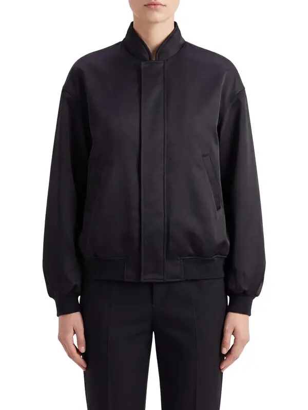 Federica Tosi Satin Bomber Jacket With Concealed Fastening And Dropped Shoulders - Black